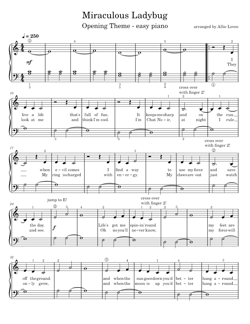 Miraculous Ladybug Theme – Easy Piano Sheet Music for Piano (Solo ...