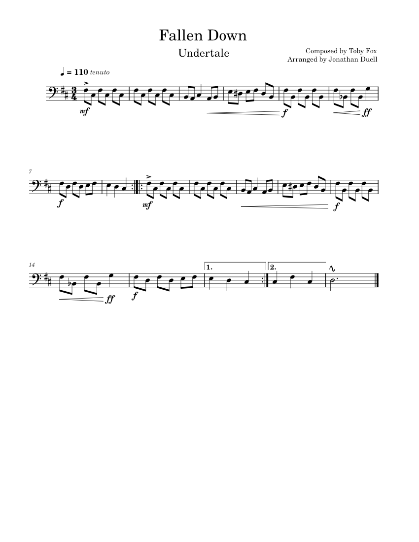 Fallen Down – Toby Fox – Undertale OST: 004 for Cello Solo Sheet music for Cello (Solo ...