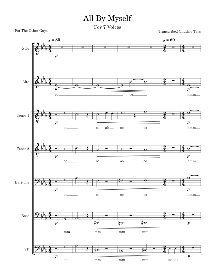 All By Myself Sheet Music for Bass guitar, Synthesizer (A Capella ...