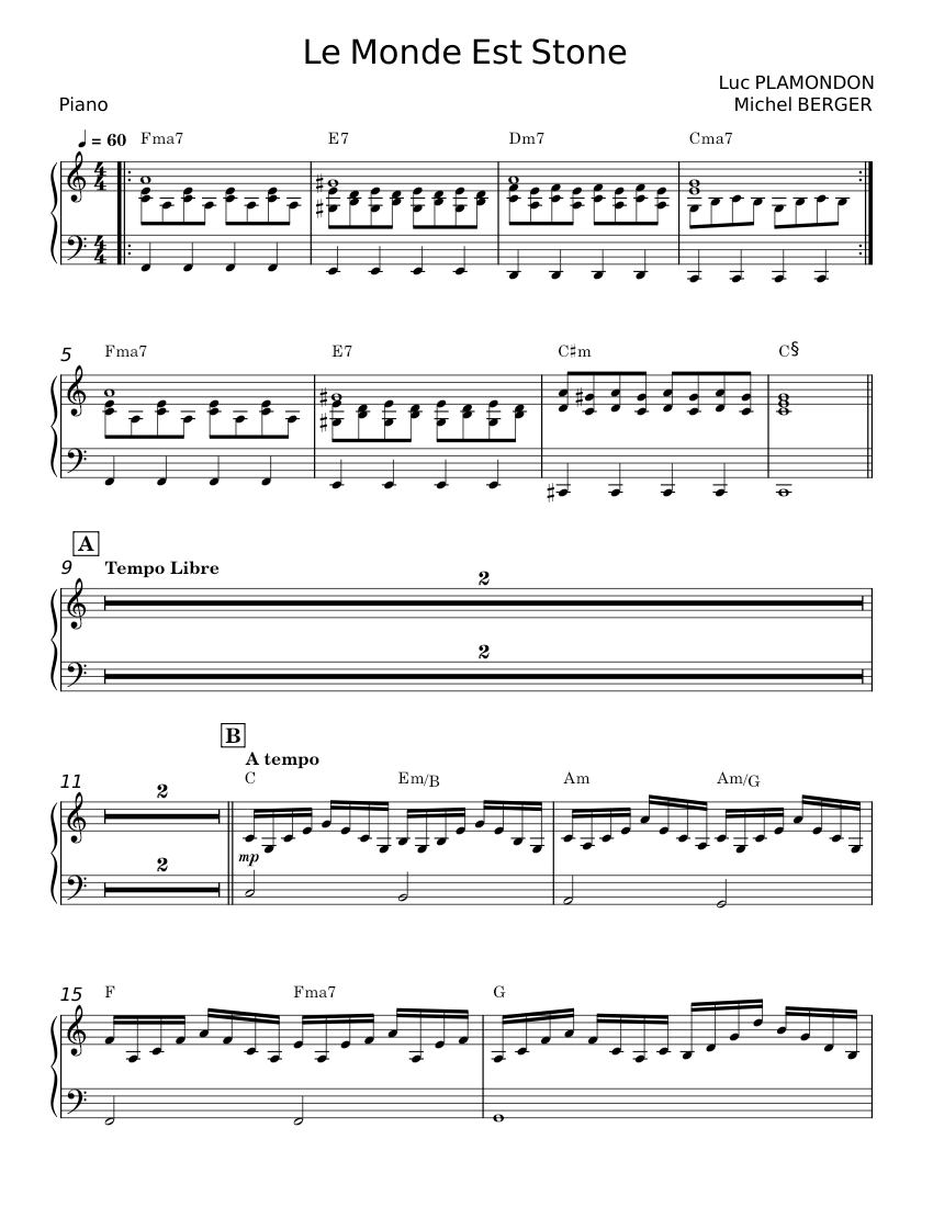 Le Monde Est Stone - Michel Berger Sheet music for Piano (Piano Duo ...