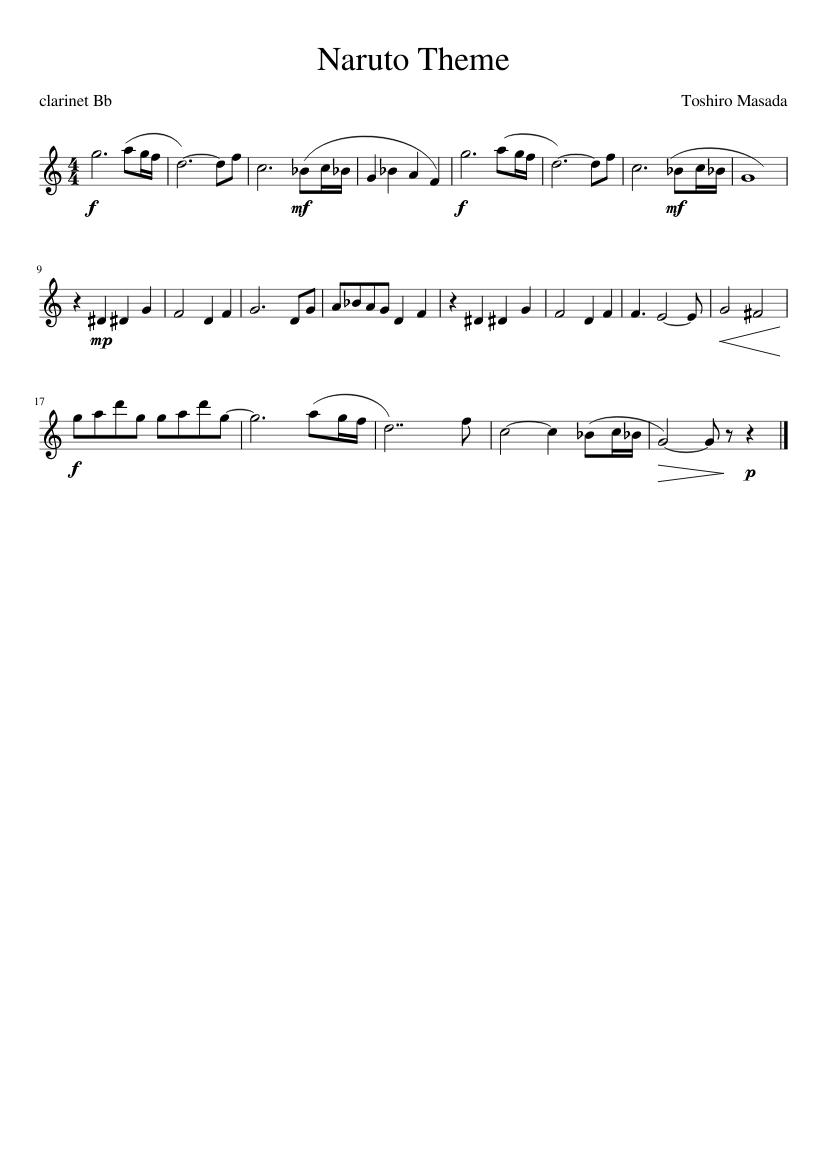 Naruto Theme Sheet Music for Clarinet in b-flat (Solo) | MuseScore.com