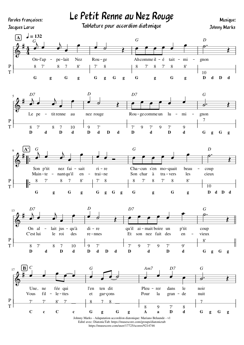 Le petit renne au nez rouge – Johnny Marks Sheet Music with Chords for ...