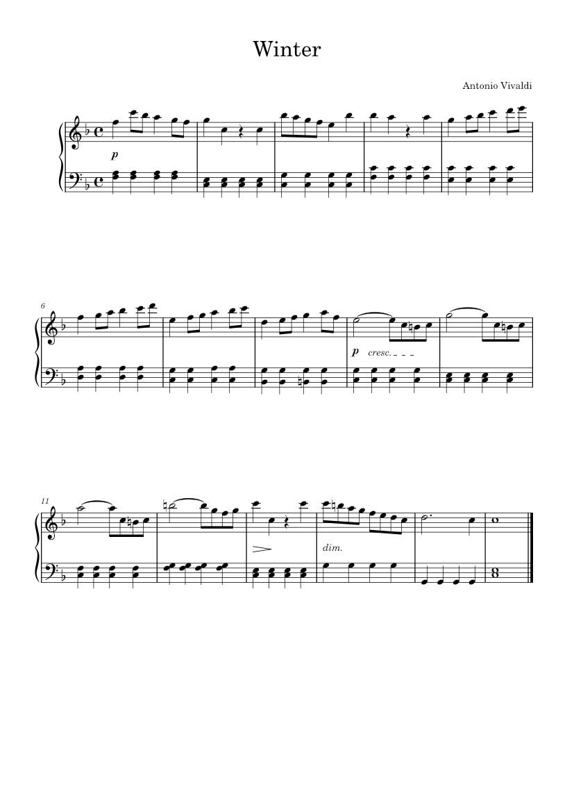 The Four Seasons - Winter – Antonio Vivaldi Sheet Music for Piano (Solo ...