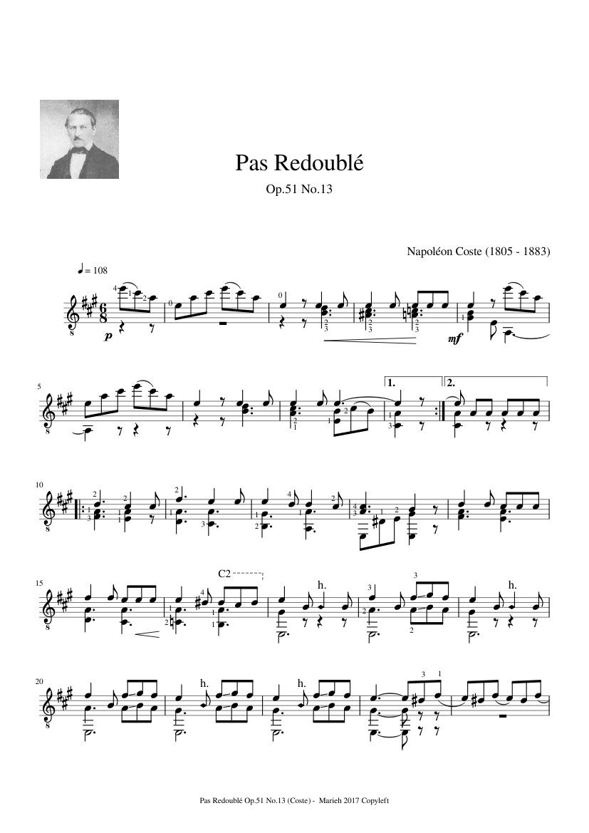 Pas Redoublé Op.51 No.13 - Napoléon Coste (1805 - 1883) Sheet music for ...