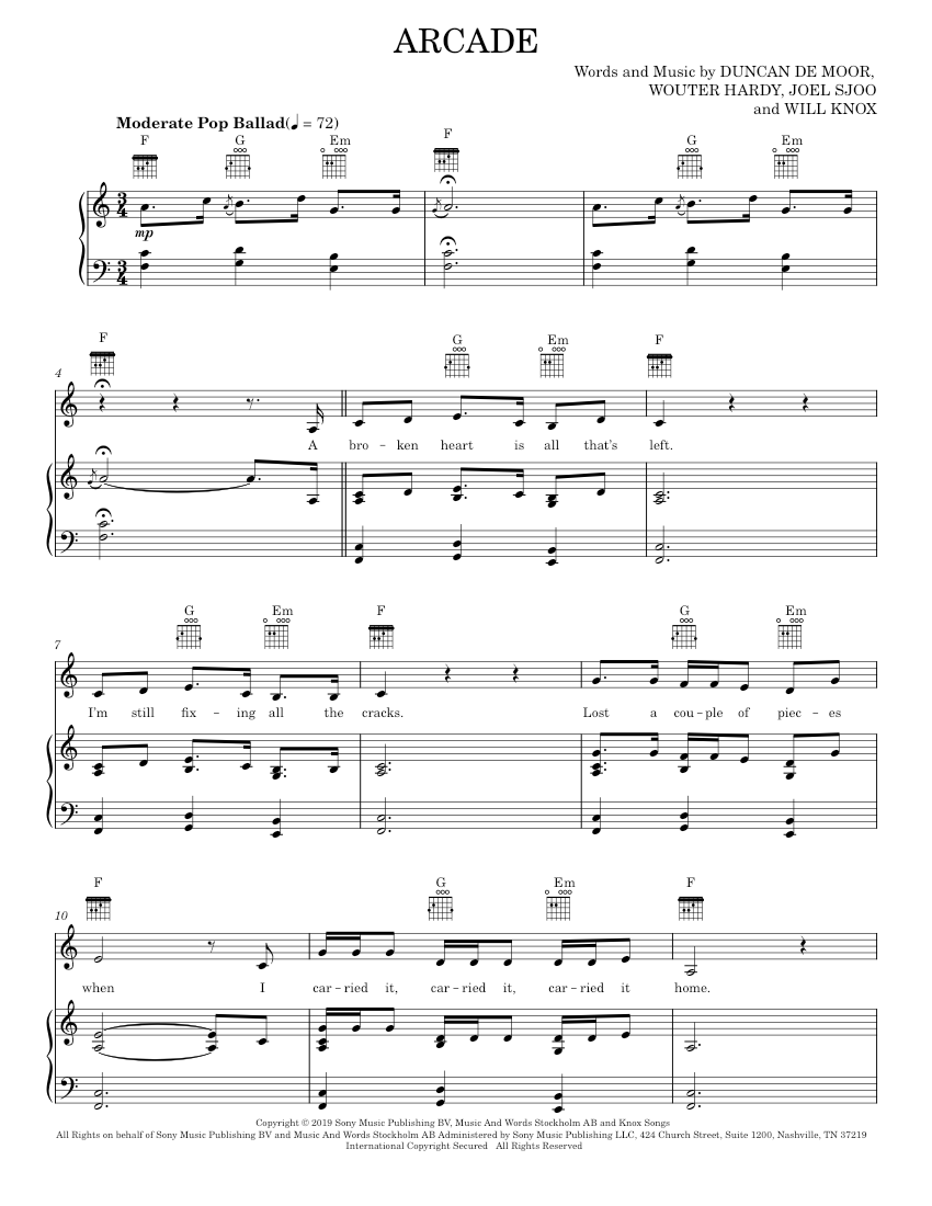 Play Official version of Arcade Sheet Music by Duncan Laurence for ...