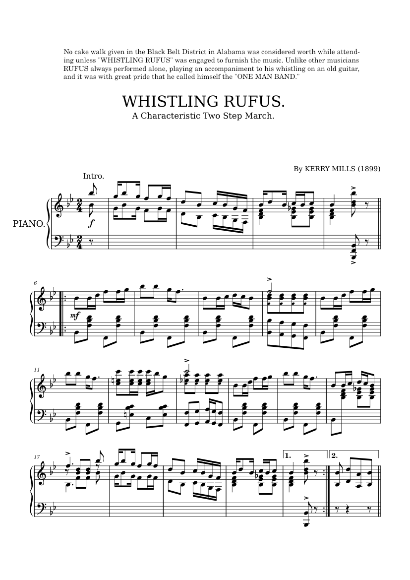 Whistling Rufus by Kerry Mills (1899) Sheet Music for Piano (Solo ...