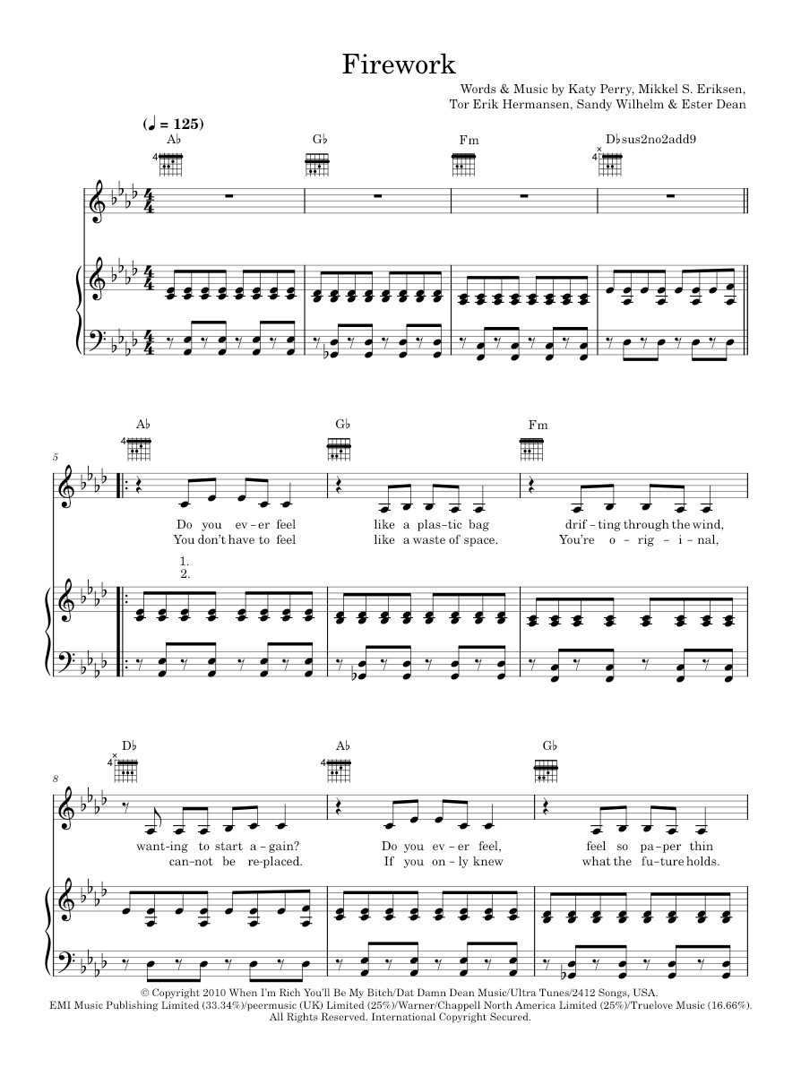 Play Official version of Firework Sheet Music by Katy Perry for Piano ...