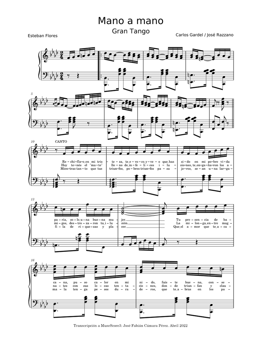 Mano a mano – Carlos Gardel / José Razzano Sheet music for Piano (Solo ...