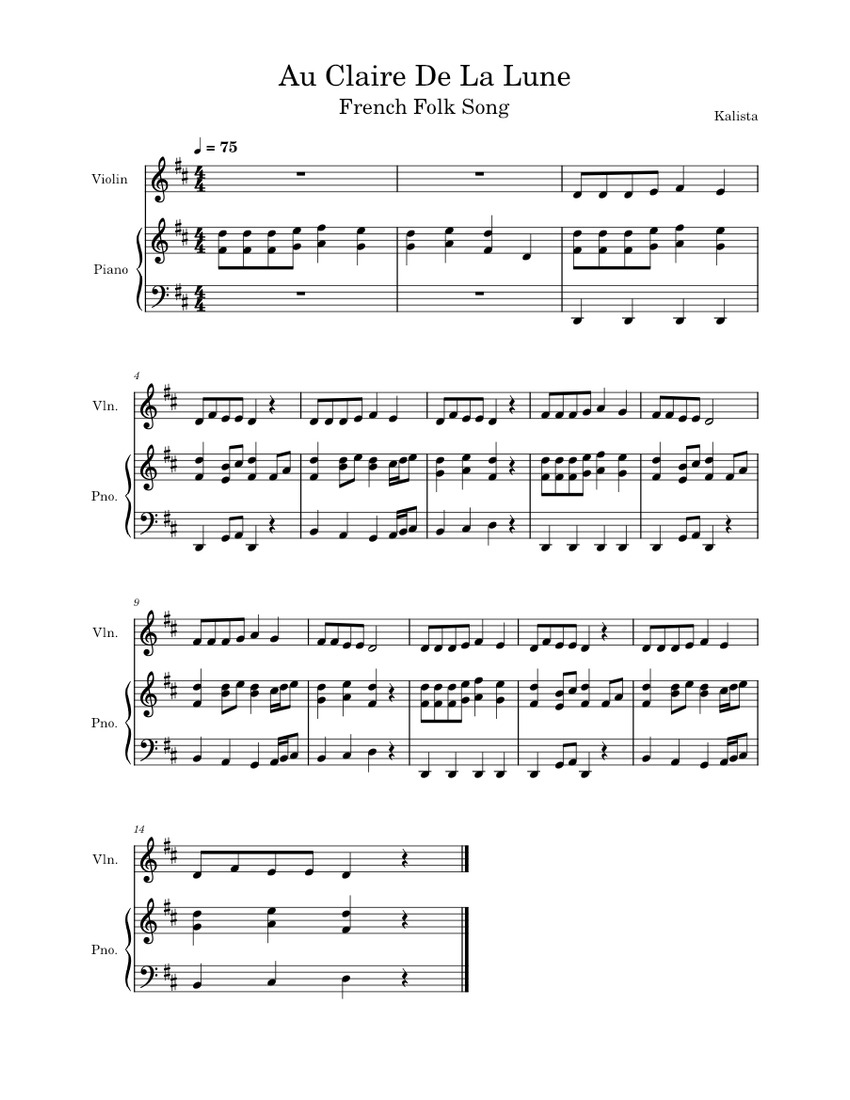 Au Claire de la Lune Sheet music for Piano, Cello (Solo) | Musescore.com