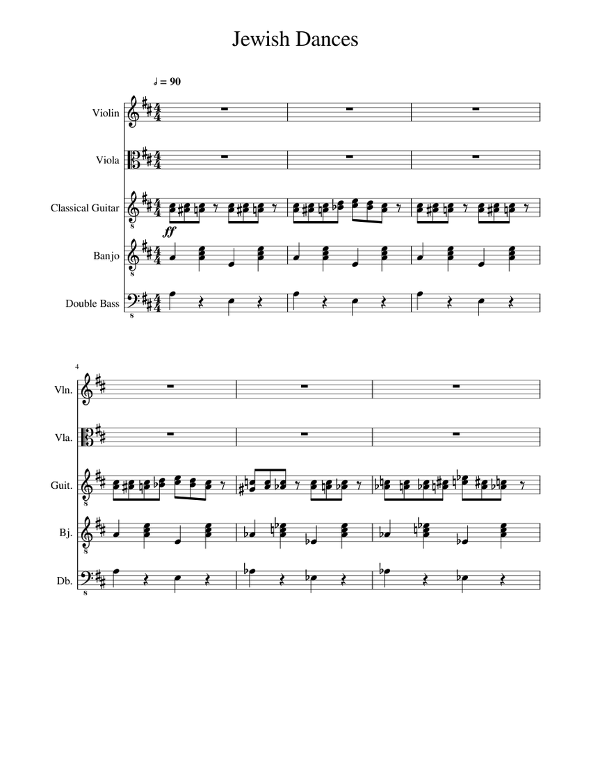 Jewish Dances No.1 Sheet music for Contrabass, Violin, Viola, Guitar ...
