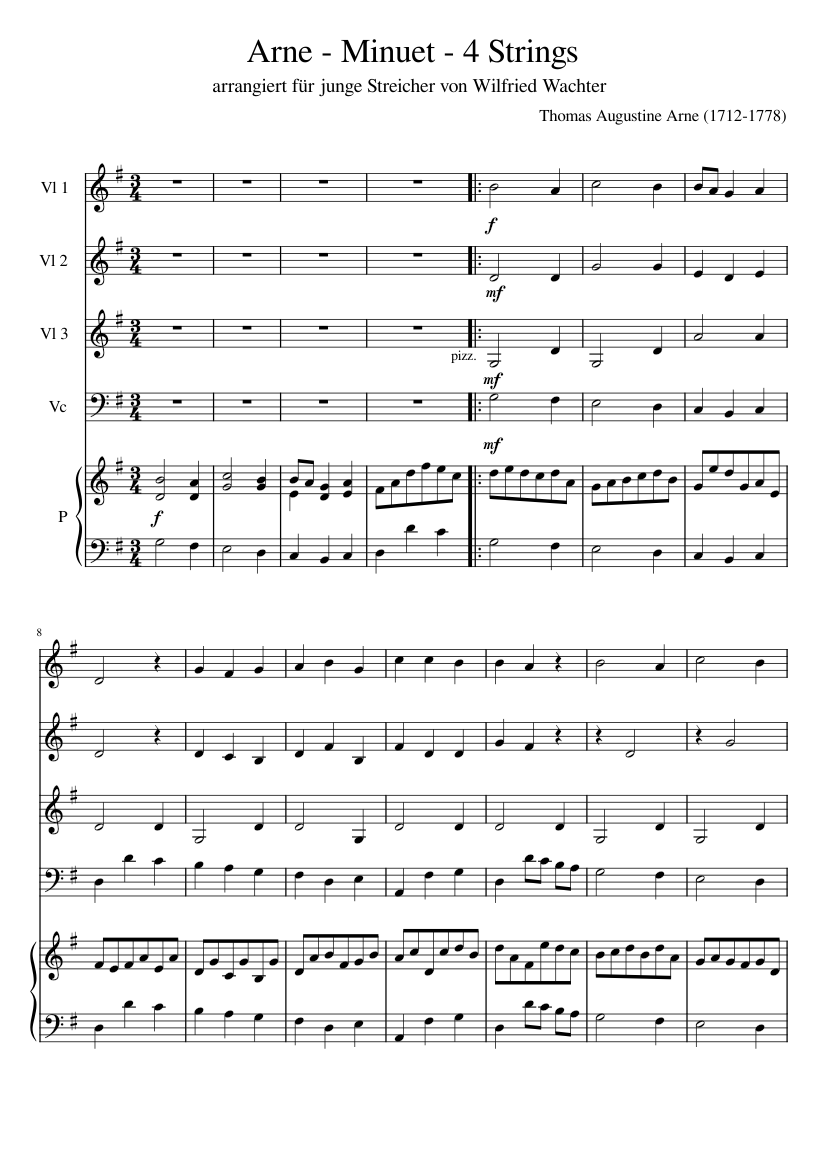 Sonata VIII Minuet – Thomas Augustine Arne Sheet music for Piano, Violin, Cello, Strings group ...