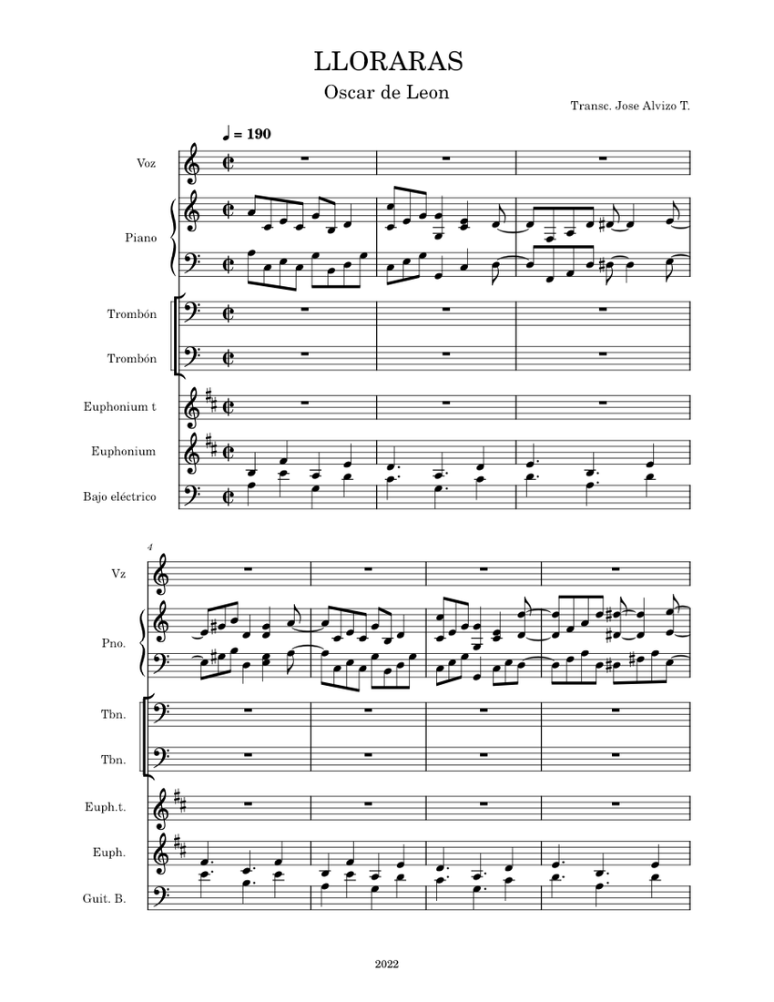 Lloraras - Oscar de Leon -- ESTILOS INTERPRETATIVOS Sheet music for Piano, Trombone, Flute, Bass ...