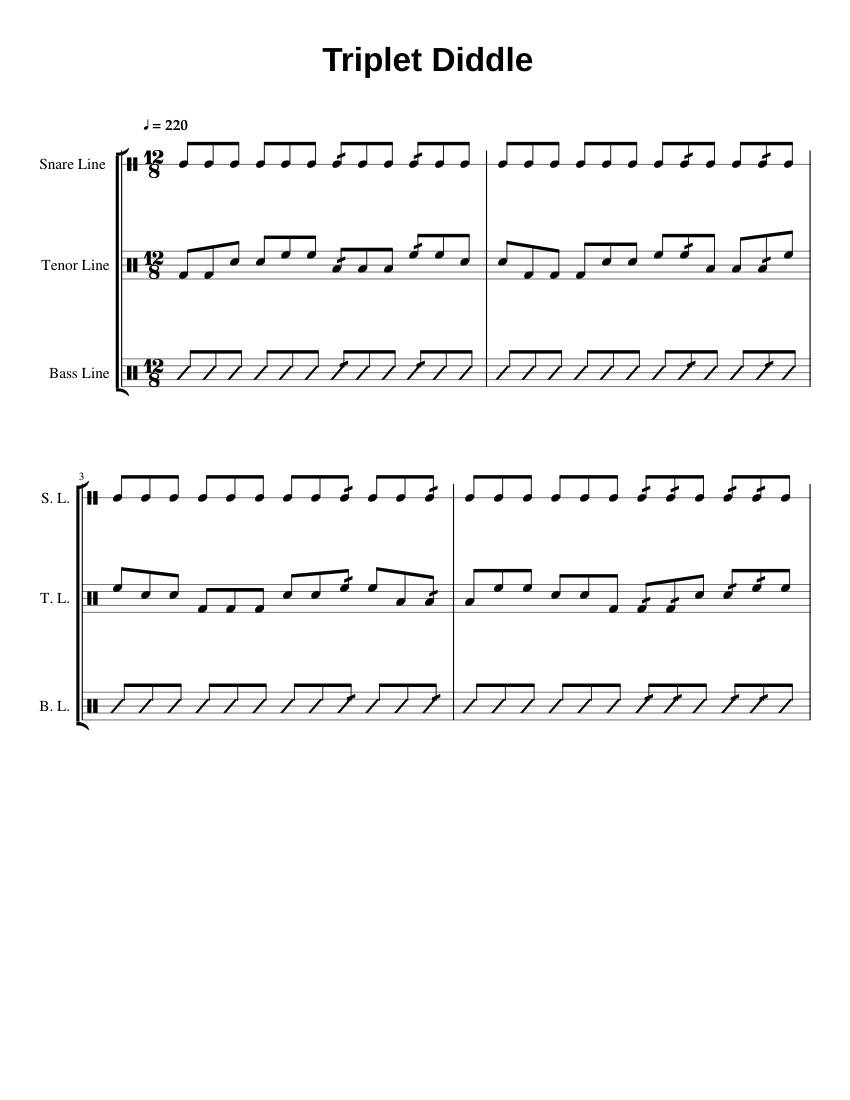 Triplet Diddle (Score) Sheet music for Snare drum, Tenor drum, Bass drum (Percussion Trio ...