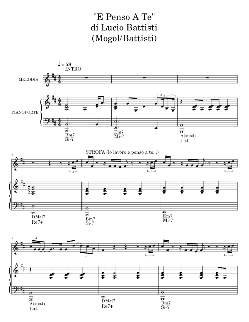 E penso a te - Lucio Battisti Sheet Music for Piano, Violin (Solo ...