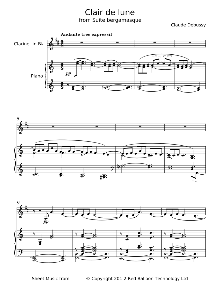 Clair de lune - Claude Debussy Sheet music for Piano, Clarinet in b ...