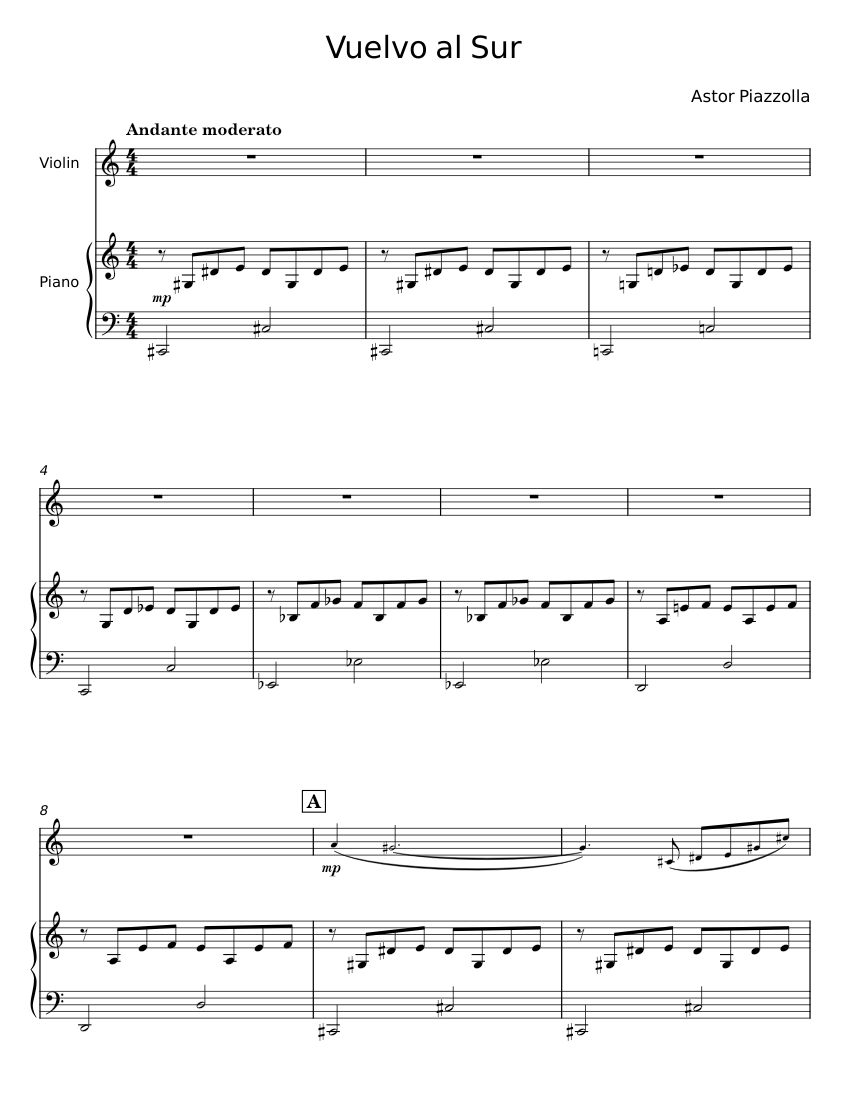 Vuelvo Al Sur - Astor Piazzolla Sheet music for Piano, Violin (Mixed ...
