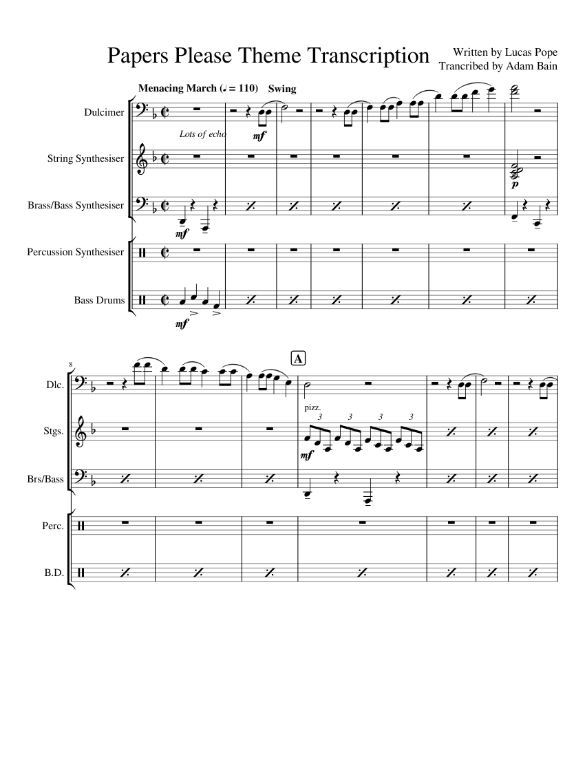 Papers Please Theme Sheet music for Drum group, Bass drum, Strings ...