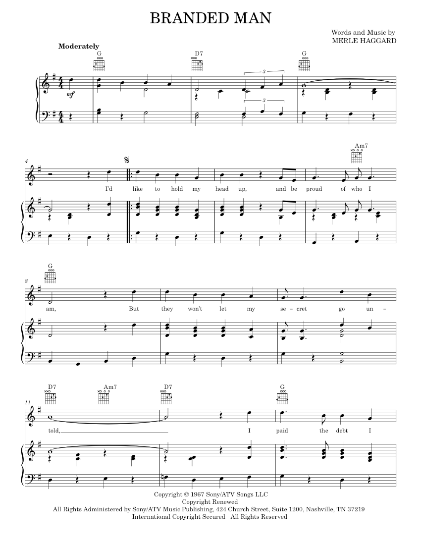 branded man Sheet music for Piano, Vocals by Merle Haggard: Music Notes ...