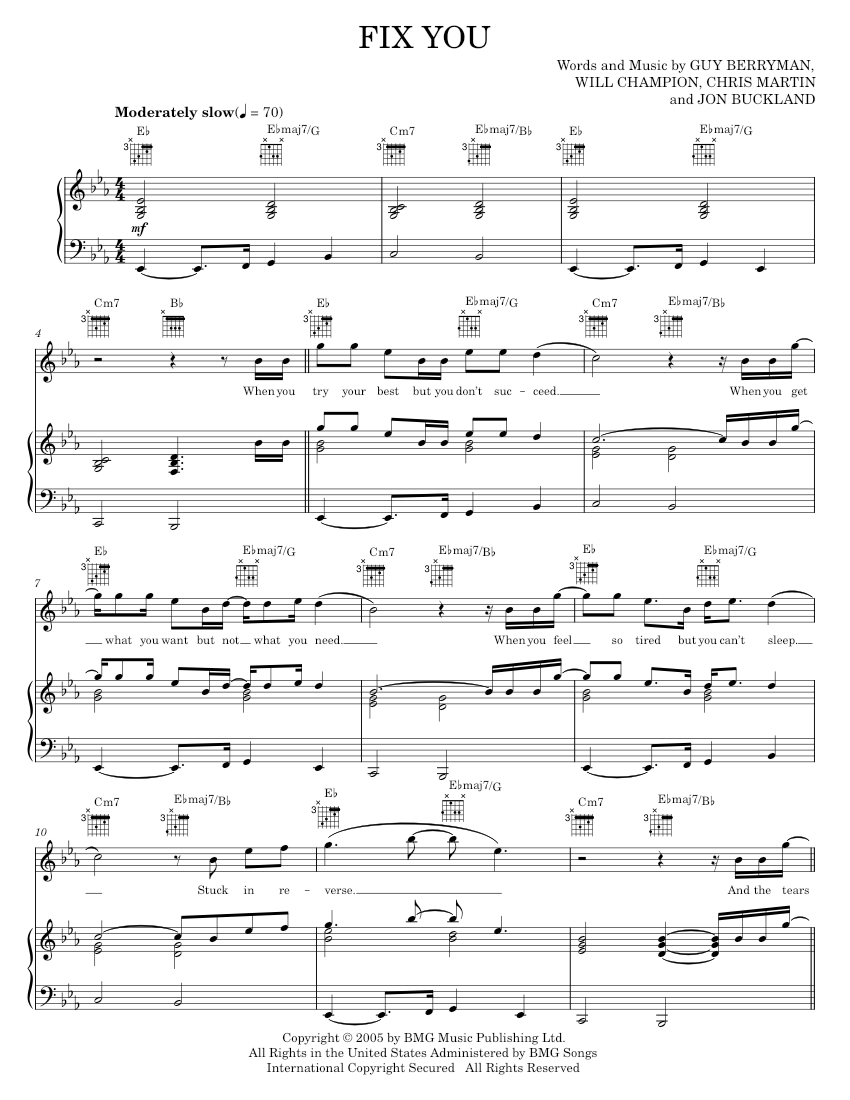 Play Official version of Fix You sheet music by Coldplay for Piano ...