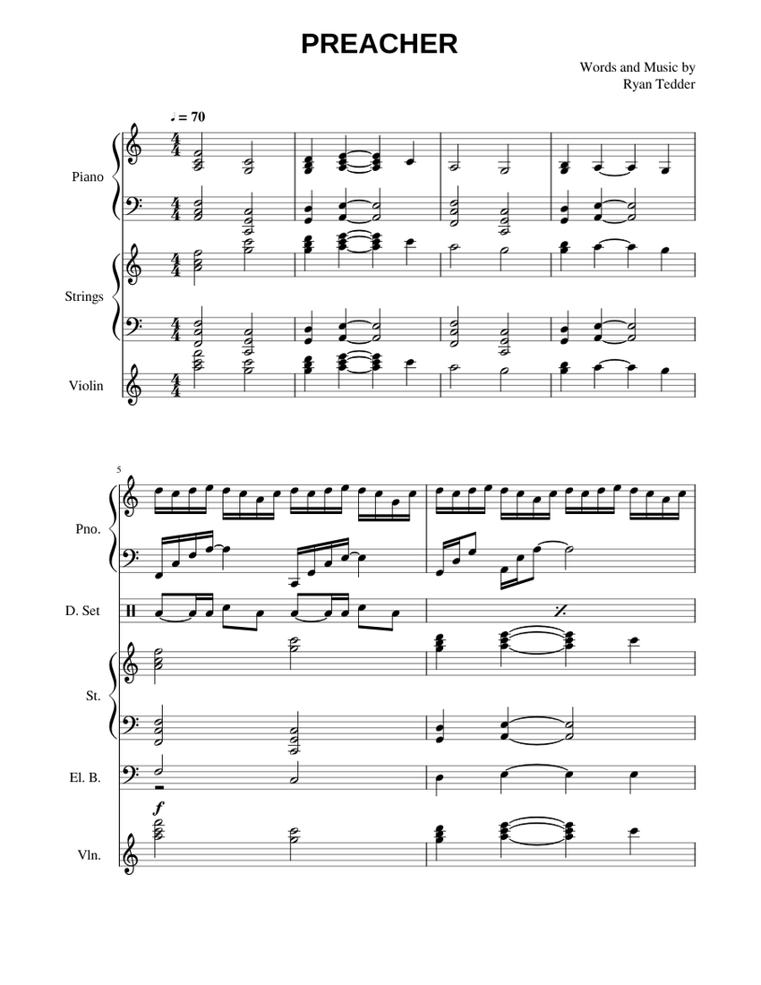 Preacher - OneRepublic Sheet music for Piano, Saxophone alto, Violin ...