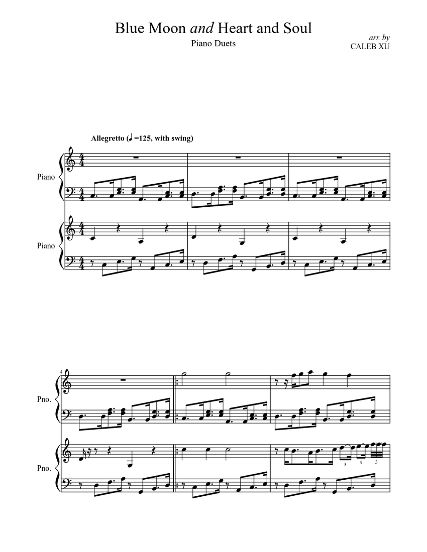 Blue Moon and Heart and Soul Piano Duets Sheet music for Piano (Piano ...