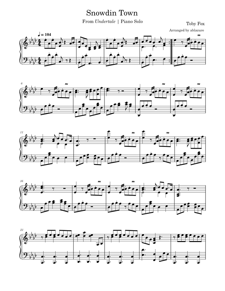 Snowdin Town - Undertale – Toby Fox (Piano) Sheet music for Piano (Solo ...