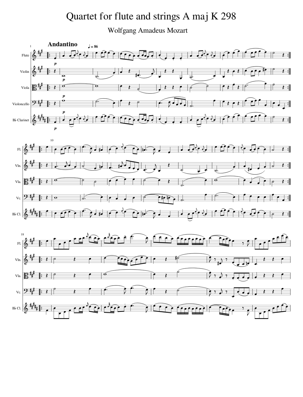 Flute Quartet in A major, K.298 – Wolfgang Amadeus Mozart Mozart flute ...