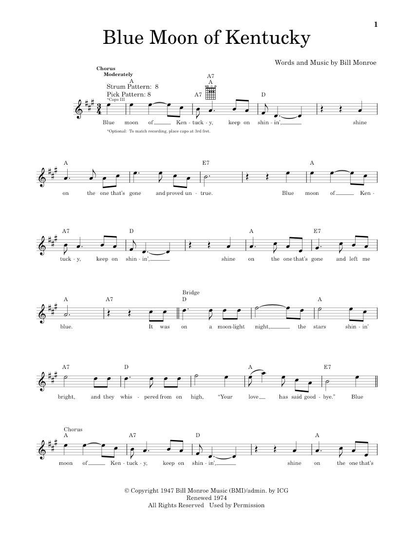 Play Official version of Blue Moon Of Kentucky sheet music by Bill ...