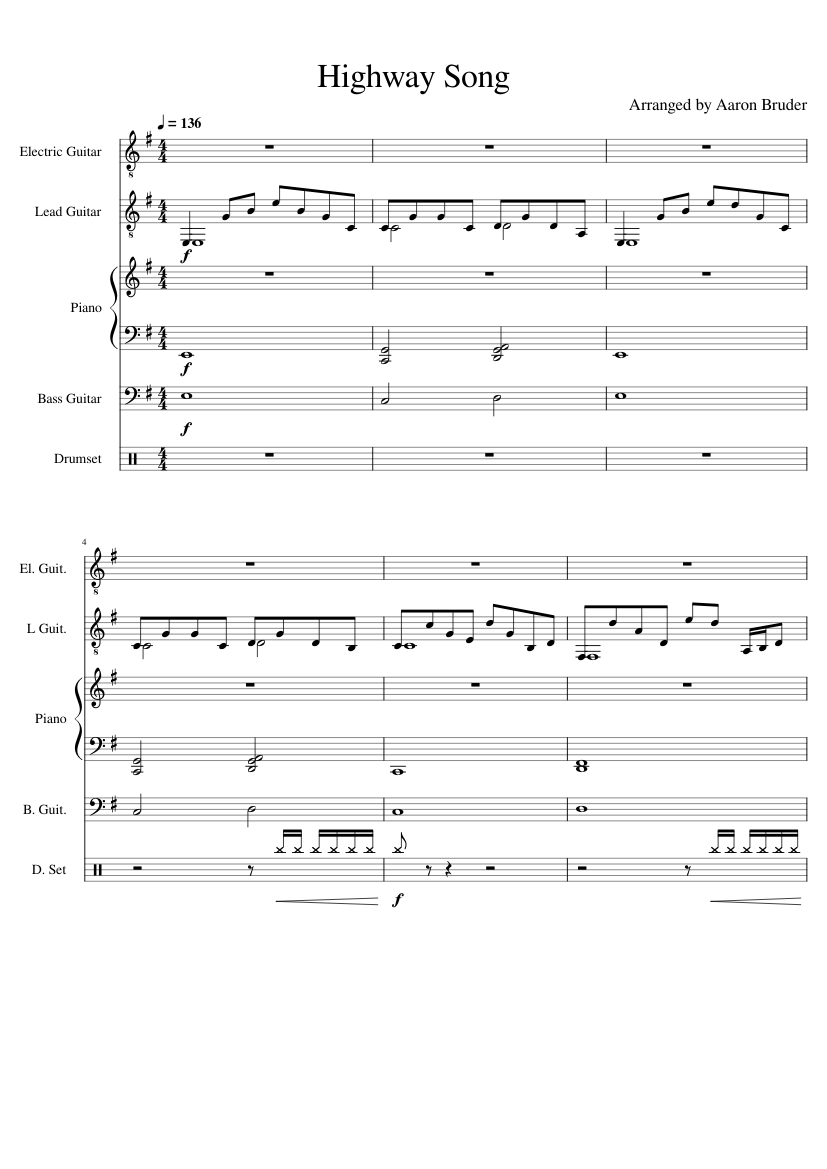 Highway Song Sheet Music for Piano, Guitar, Bass guitar, Drum group ...