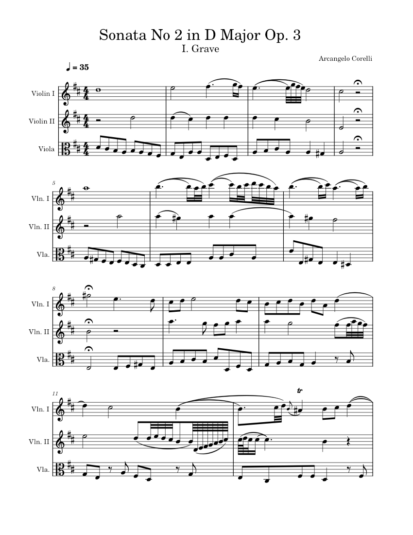 Sonata da chiesa in D major, Op. 3, No. 2 – Arcangelo Corelli Arr. Sheet music for Violin, Viola ...