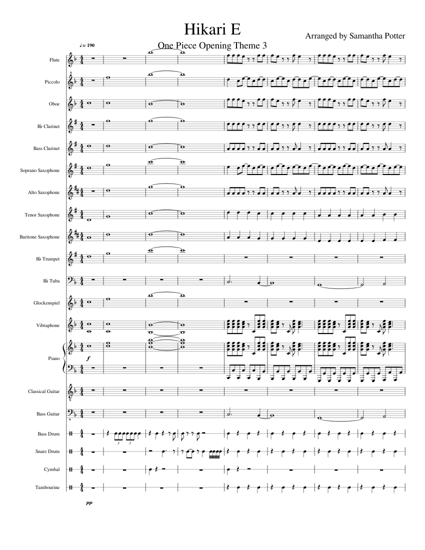 Hikari E (One Piece Opening 3) Sheet Music for Piano, Tuba, Tambourine ...