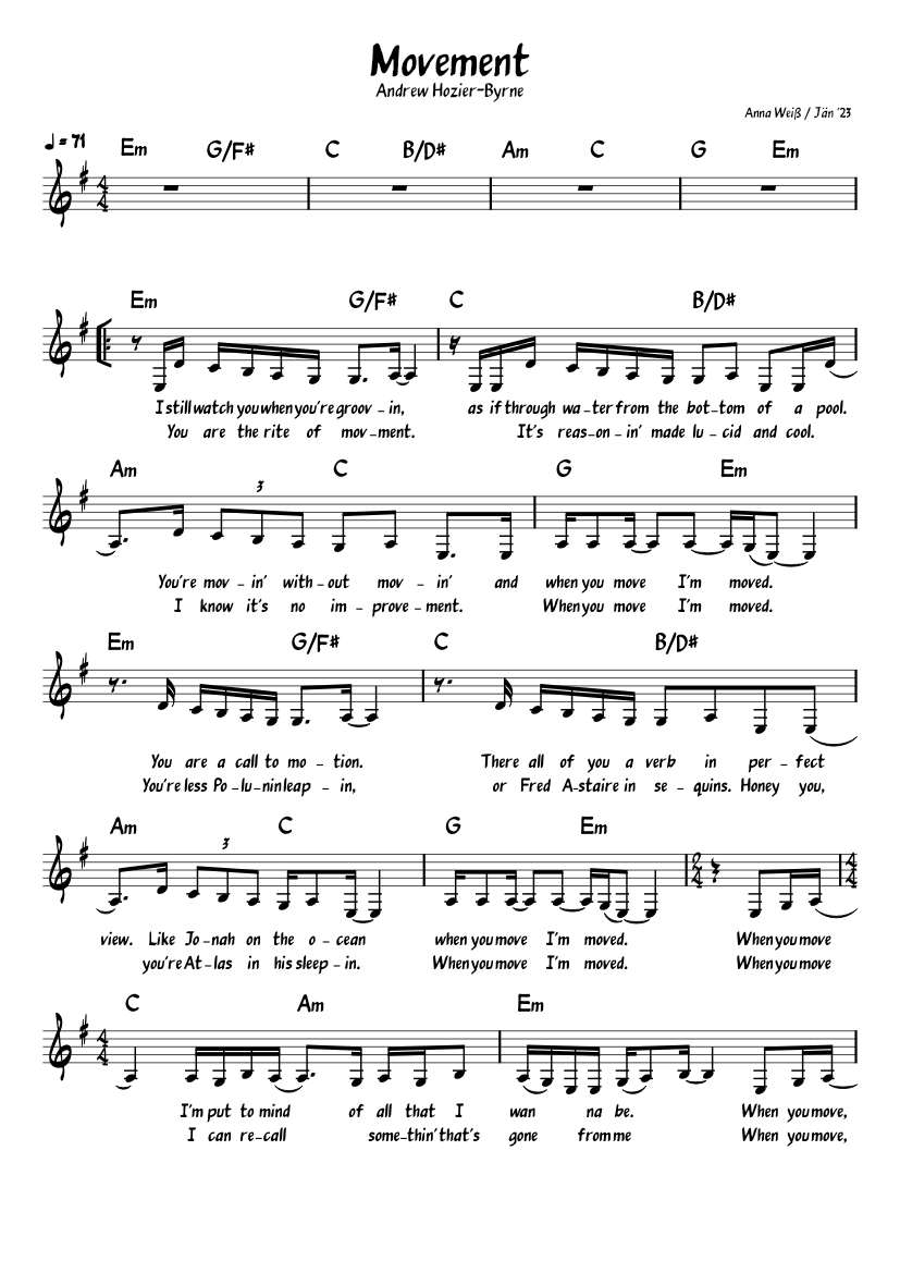 Hozier - Movement Sheet music for Piano (Solo) | Musescore.com