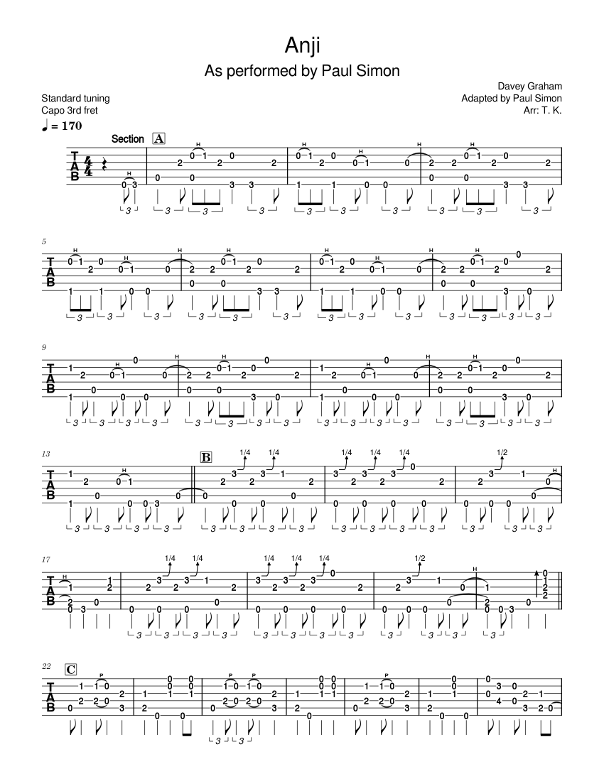 Anji - Simon & Garfunkel Sheet Music and Tab for Guitar (Solo ...