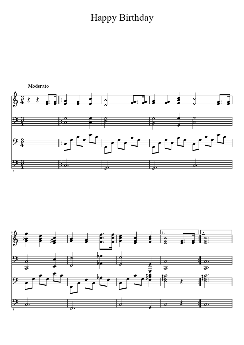 Happy Birthday Sheet music for Piano, Flute piccolo, Bass guitar, Harp ...