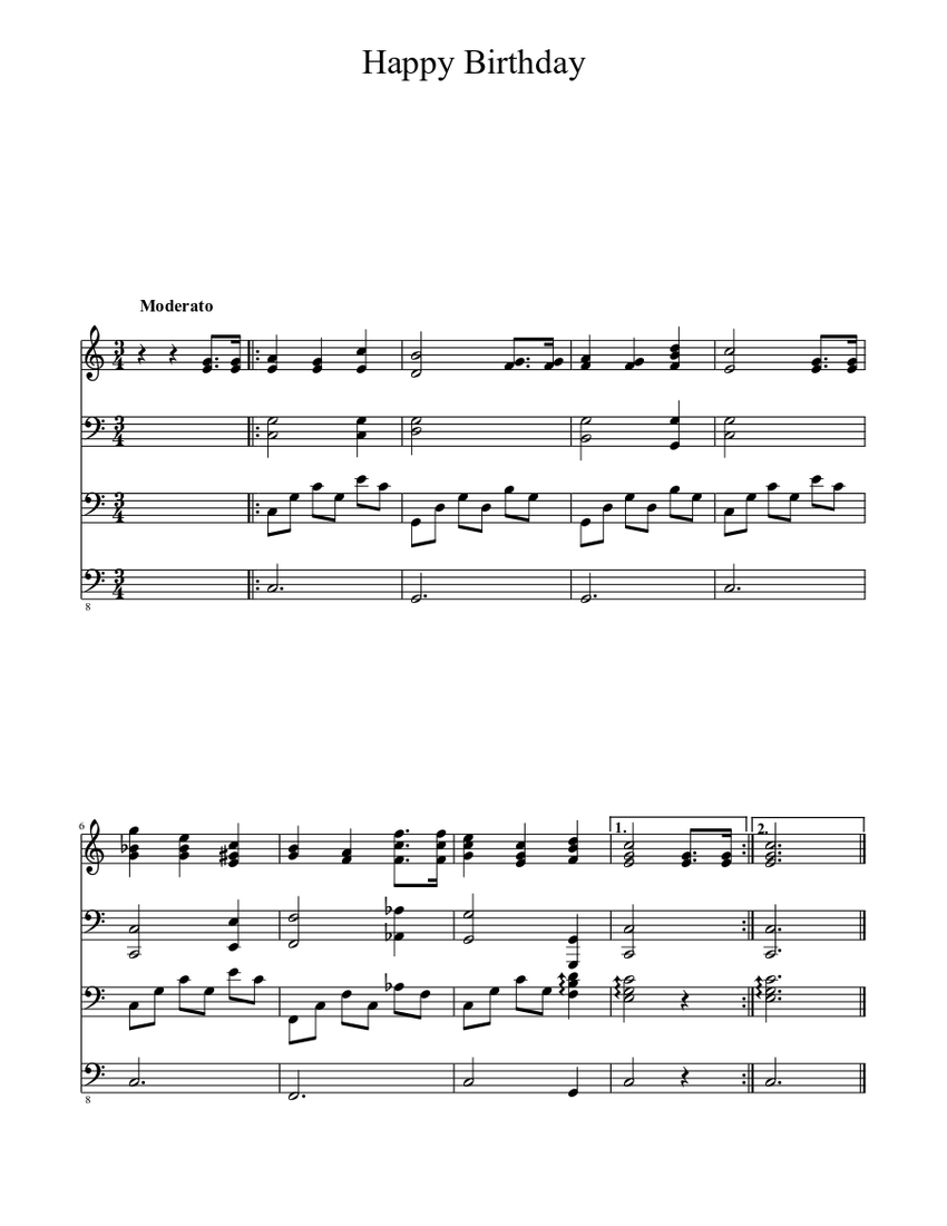 Happy Birthday Sheet music for Piano, Flute piccolo, Bass guitar, Harp ...