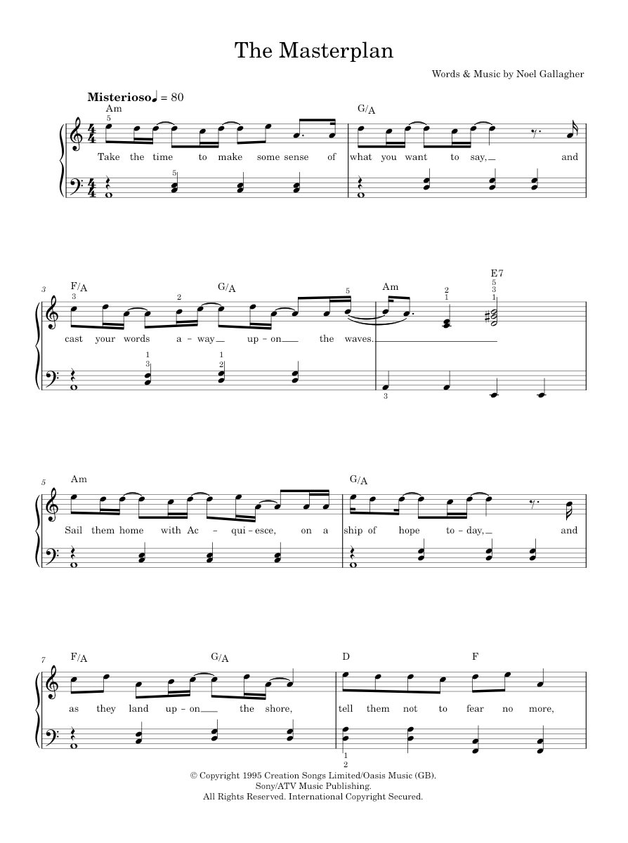 Play Official version of The masterplan Sheet Music by Oasis for Piano ...