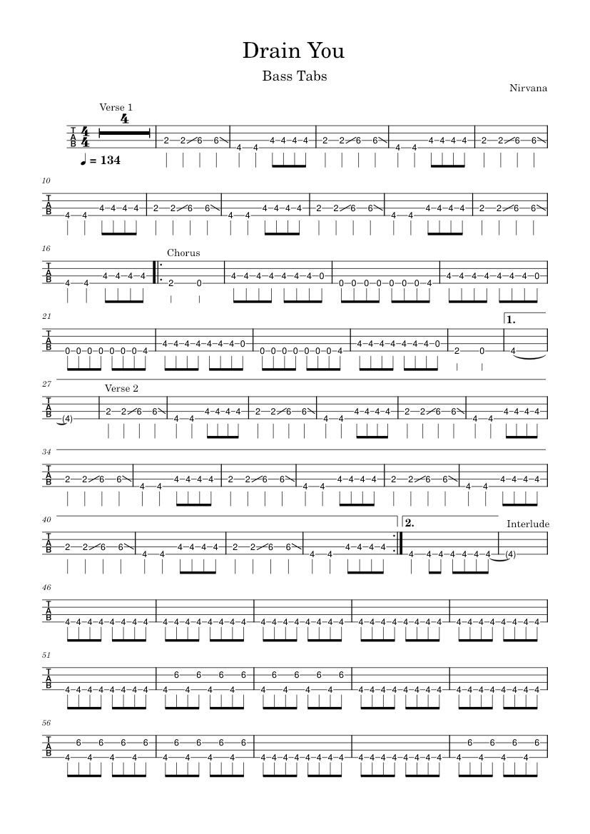 Drain You – Nirvana Drain You (Nirvana) - Bass Tabs Sheet Music for ...