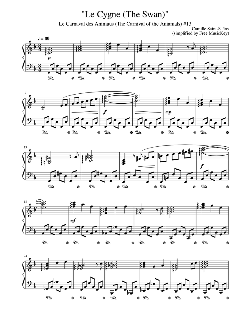 Camille Saint-Saëns "Le Cygne (The Swan)" Easy Piano (by Free MusicKey) Sheet music for Piano ...