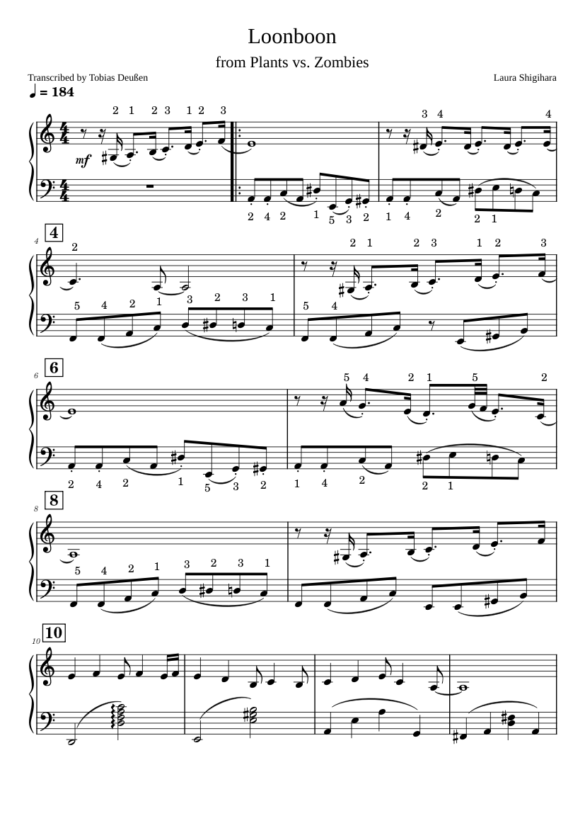 Plants vs Zombies - Loonboon – Laura Shigiara 13 Sheet music for Piano ...