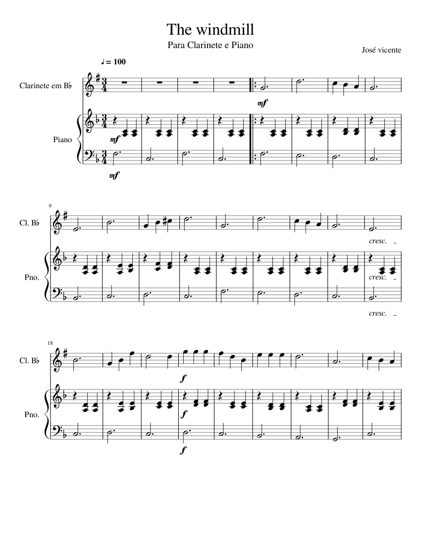 The windmill Sheet music for Piano, Clarinet (In B Flat) (Solo ...