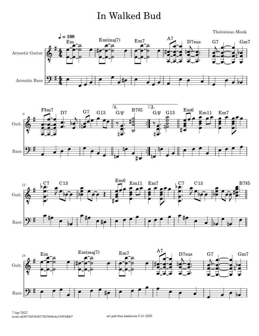 In Walked Bud – Thelonious Monk Sheet music for Guitar, Bass guitar ...