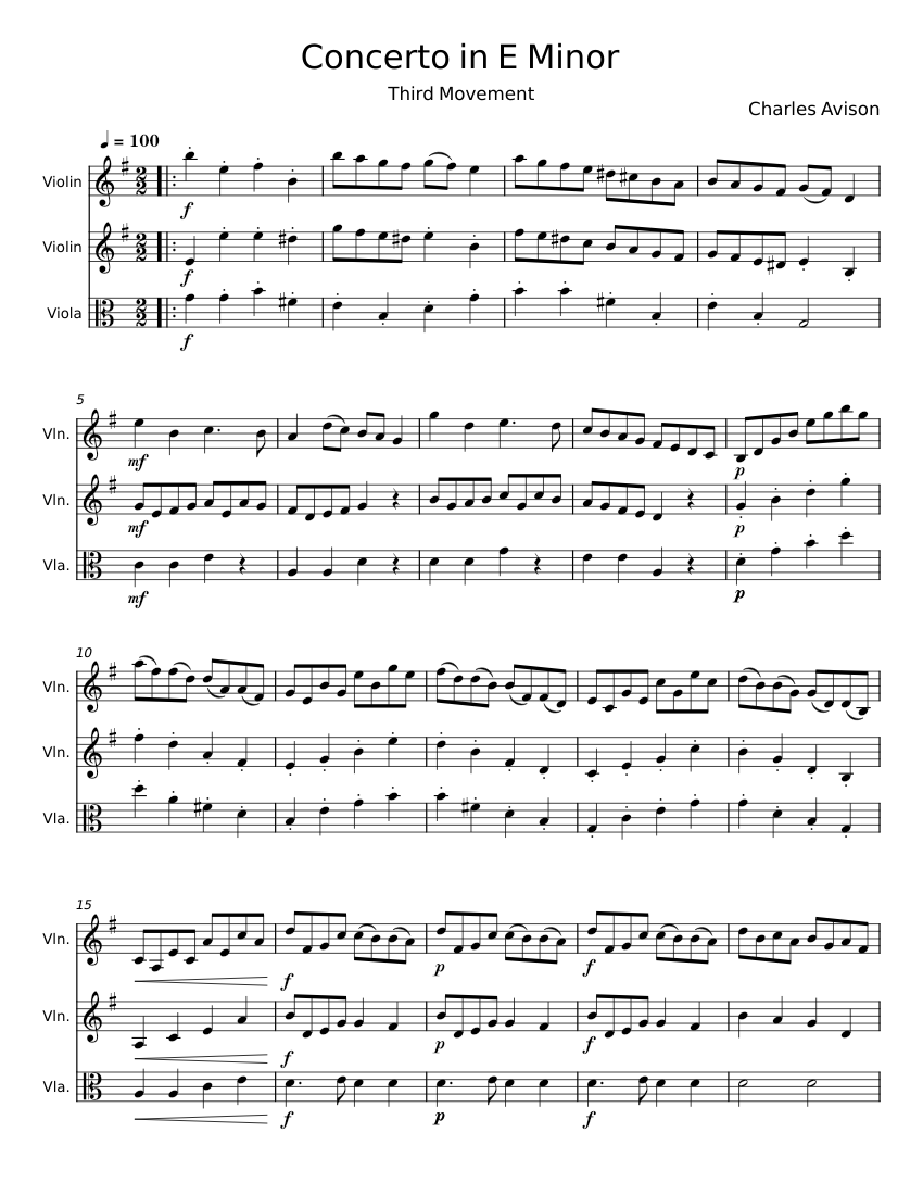 Concerto in E Minor - Charles Avison Sheet music for Violin, Viola ...