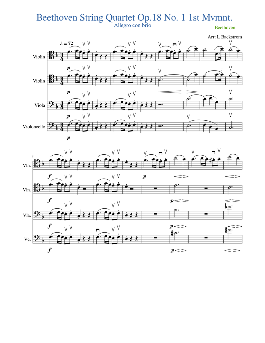 Beethoven_String_Quartet_Op._18 No. 1, 1st_Mvt. Sheet music for Violin, Viola, Cello (String ...