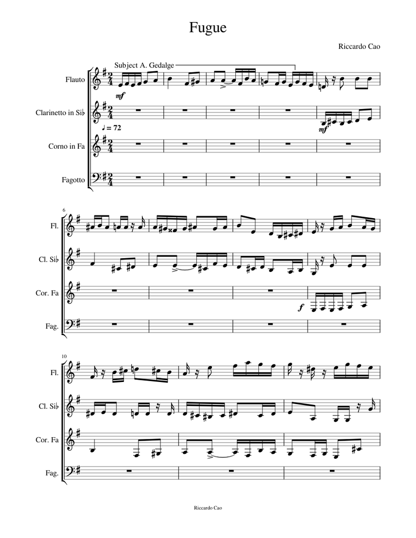 Fugue Sheet music for Flute, Clarinet in b-flat, Bassoon, French horn ...