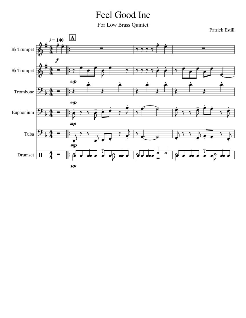 Feel Good Inc Brass ensamble Sheet music for Trombone, Euphonium, Tuba ...