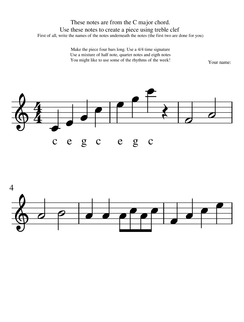 Lesson 4 Writing with the C major chord in treble clef Sheet music for ...