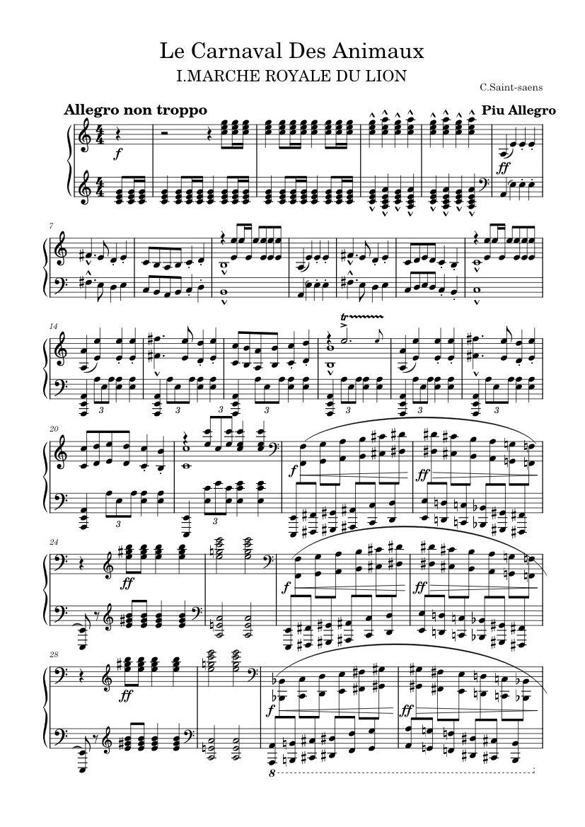 Royal March of the Lion – Camille Saint-Saëns Sheet Music for Piano ...