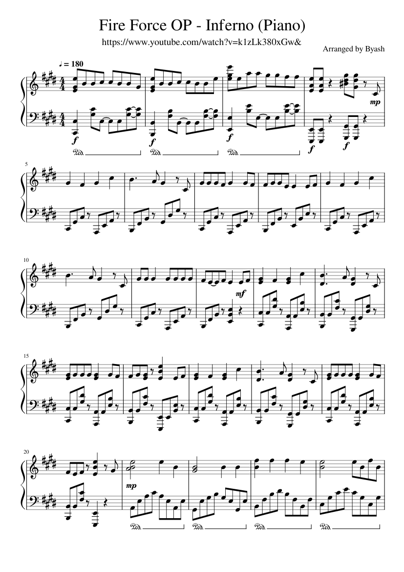 Fire Force OP - Inferno (Piano) Sheet Music for Piano (Solo) | MuseScore.com