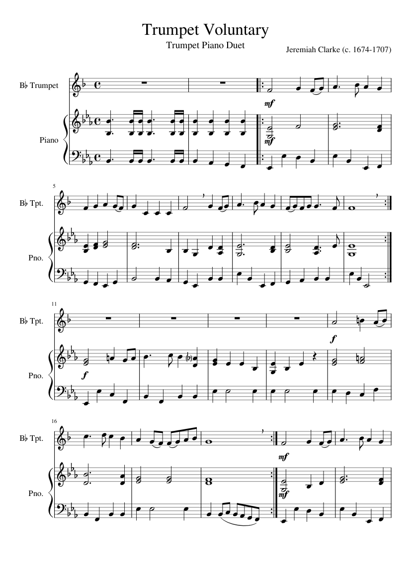 Trumpet Voluntary Sheet Music for Piano, Trumpet in b-flat (Solo ...