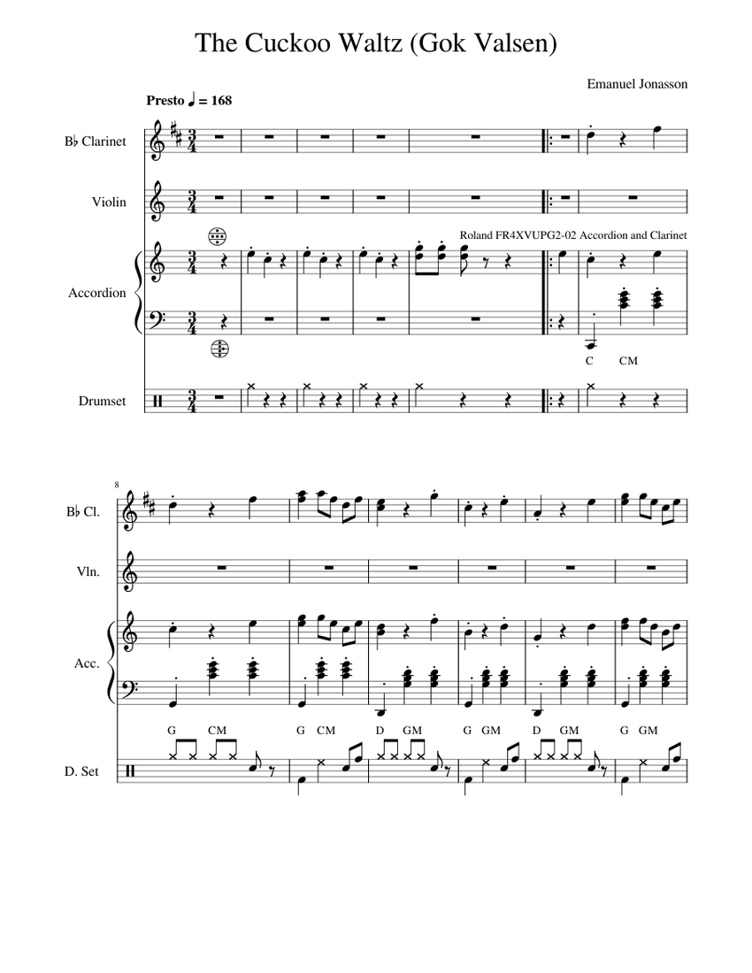 The Cuckoo Waltz - Emanuel Jonasson Sheet music for Accordion, Clarinet in b-flat, Violin, Drum ...